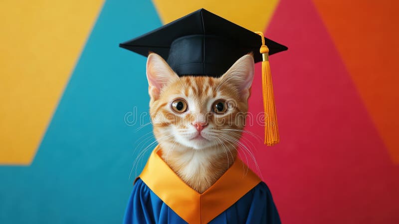 Graduation Cat Wearing Cap Gown Colorful Background Stock Photos - Free ...