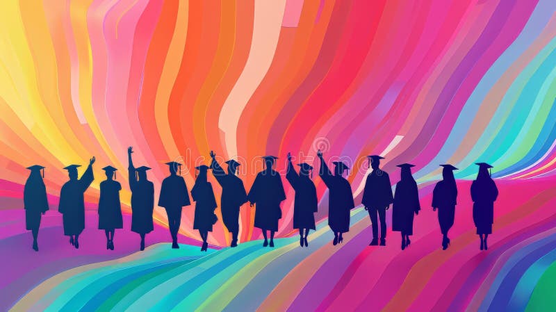 Graduation Celebration Against a Backdrop of Abstract Color Waves Stock ...