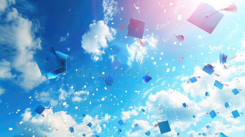 Graduation Celebration Background with Flying Caps and Diplomas Against ...