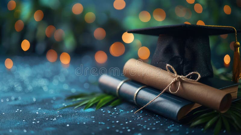 Graduation Celebration: Mortar Hat, Diploma and Blue Panoramic ...