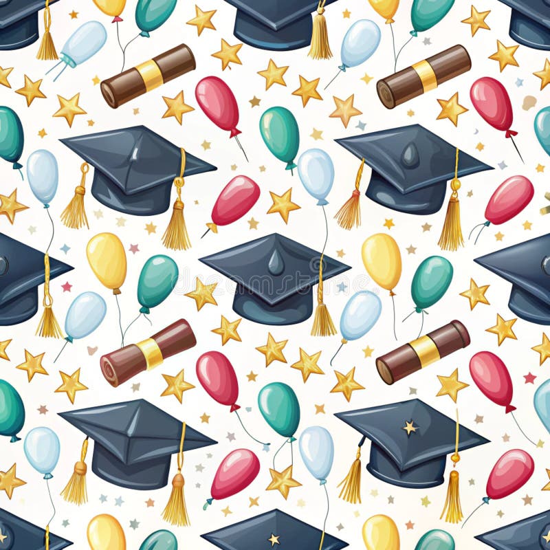 Graduation Celebration Pattern with Caps, Balloons, and Confetti Stock ...