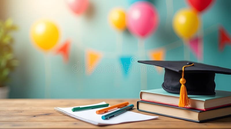 Graduation Celebration Setup with Cap, Books, and Colorful Decorations ...