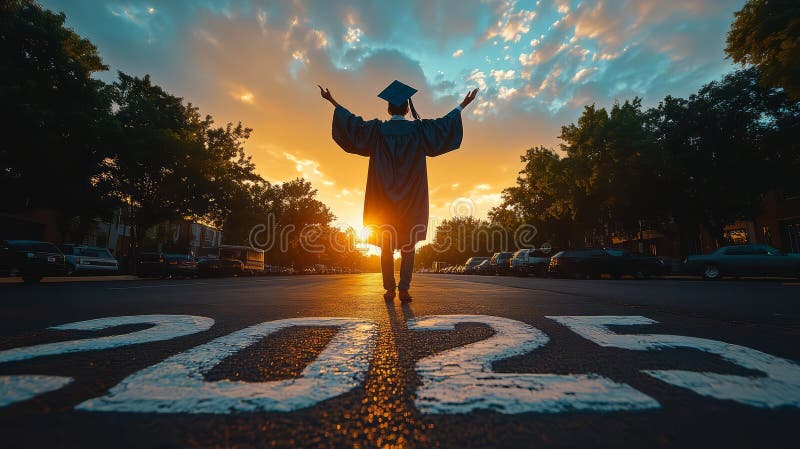 Graduation Celebration at Sunset, a Proud Student Embraces the Future ...