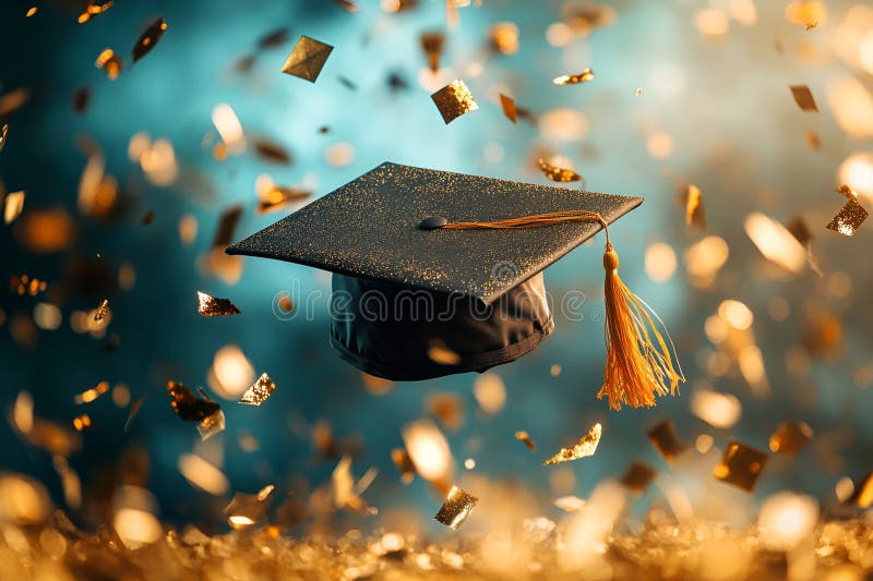 Graduation Celebration with Tossing Caps and Gold Confetti on Blue ...