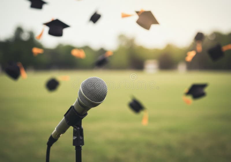 Graduation Ceremony: Microphone and Flying Caps on a Green Field Stock ...