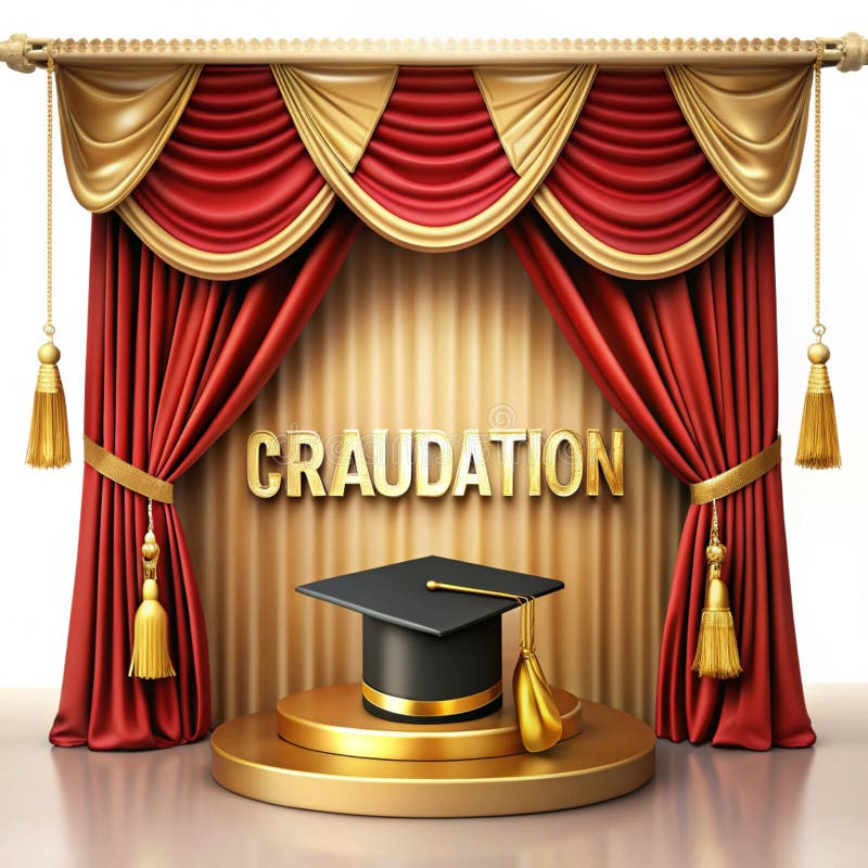 Graduation Ceremony Stage Backdrop with Red and Gold Drapes, Podium ...