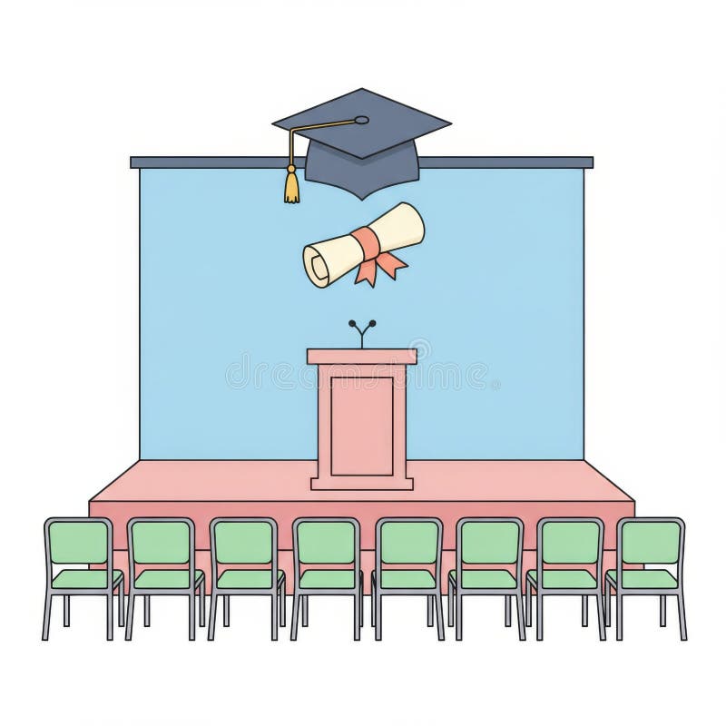 Graduation Ceremony Stage with Podium Diploma and Chairs Against Blue ...