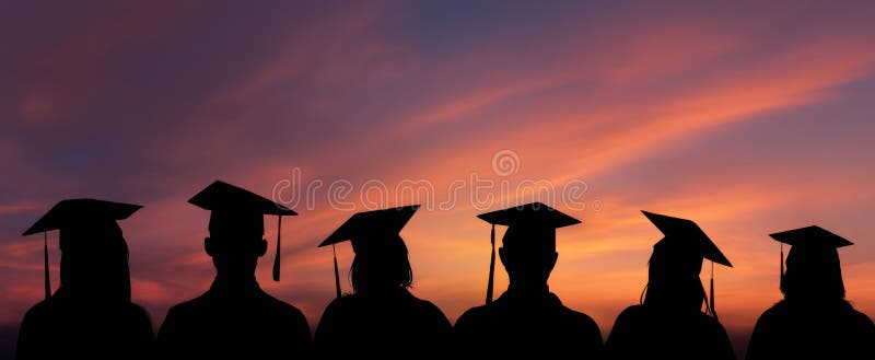 The Graduation Ceremony at Sunset with Silhouetted Students Wearing ...