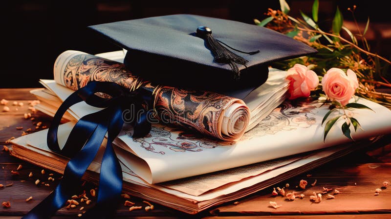 Graduation Certificate and Birette. Generative AI Stock Illustration ...