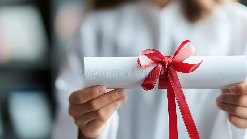Graduation Certificate Held by a Student with a Red Ribbon in a Bright ...