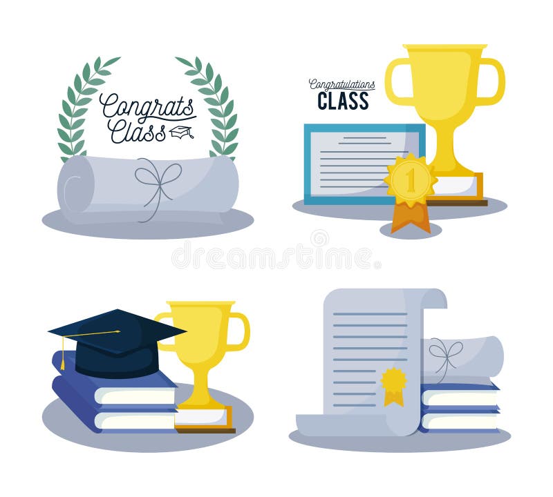 Graduation Class Card Set Icons Stock Vector - Illustration of medal ...