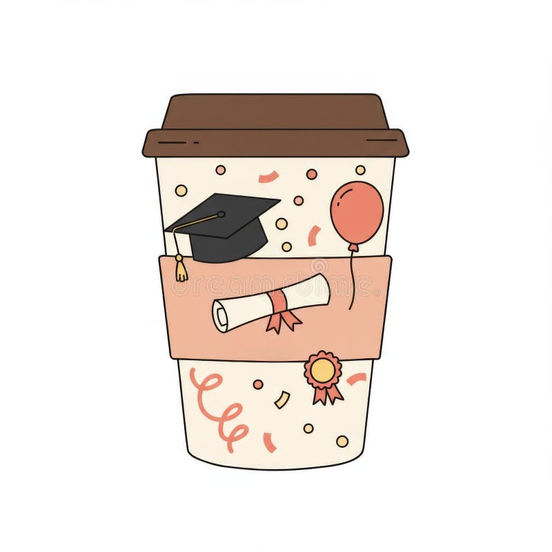 Graduation Coffee Cup with Cap Diploma and Balloon Stock Illustration ...