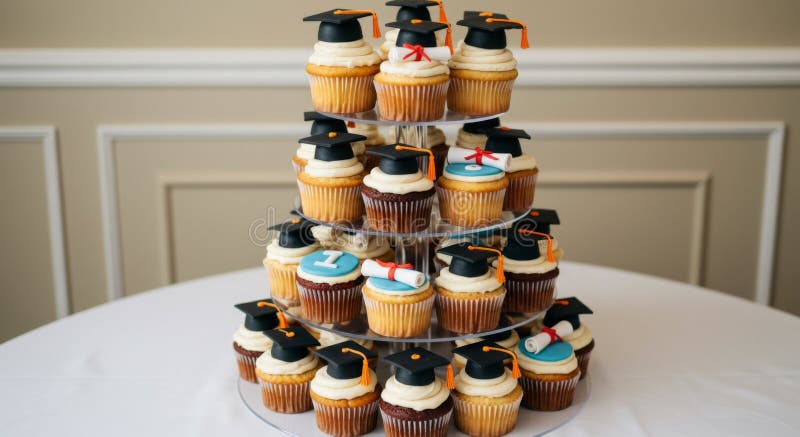 Graduation Cupcakes Tower on White Table Stock Illustration ...