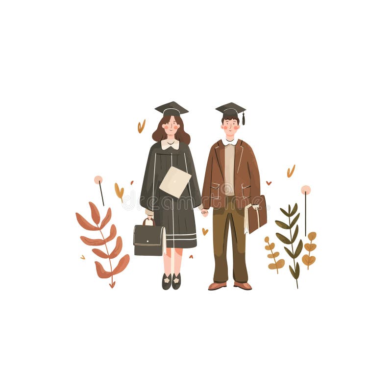Graduation Day: Young Couple in Cap and Gown. Vector Illustration ...