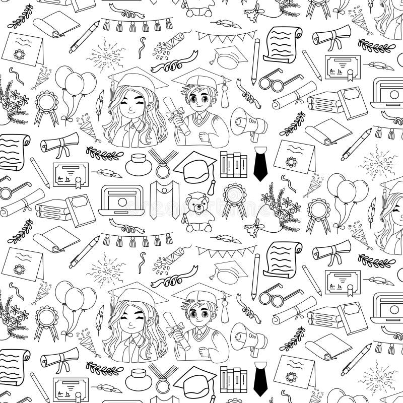 Graduation Doodle Hand Drawn Seamless Pattern Stock Vector ...