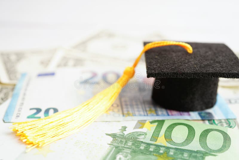 Graduation Gap Hat on Euro and US Dollar Banknotes Money, Education ...