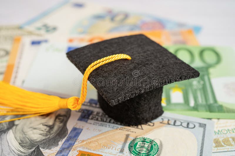 Graduation Gap Hat on Euro and US Dollar Banknotes Money, Education ...