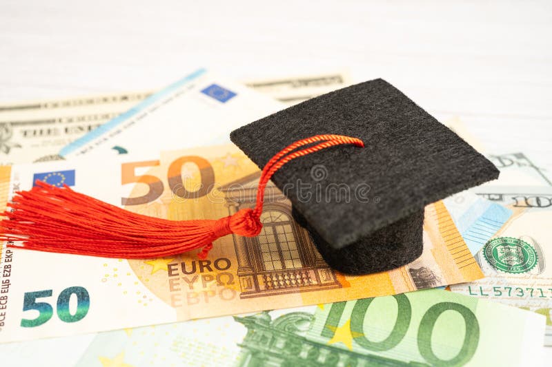Graduation Gap Hat on Euro and US Dollar Banknotes Money, Education ...