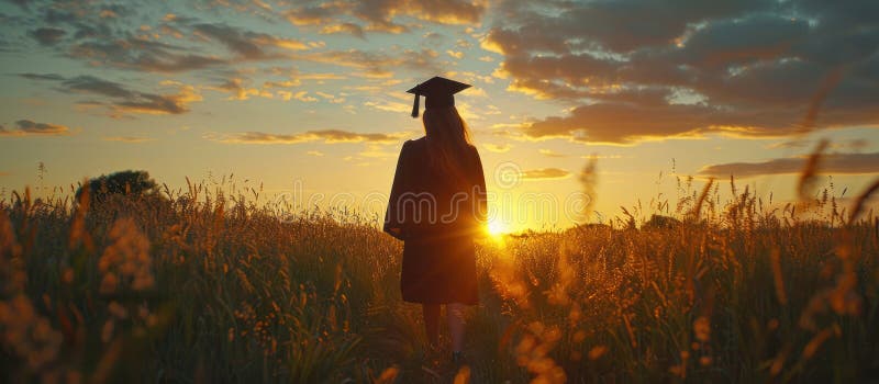 Graduation Girl Standing in the Field with Sunset View Stock Image ...