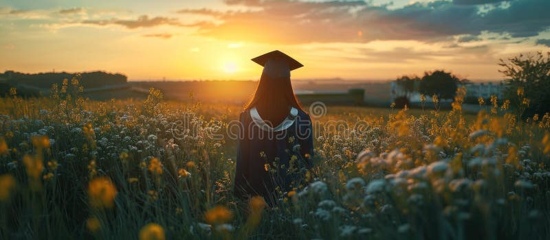 Graduation Girl Standing in the Field with Sunset View Stock Photo ...