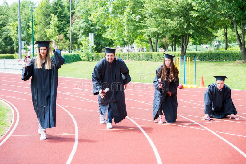 Graduation Group of Students Celebrating on Athletic Track, Prep Stock ...