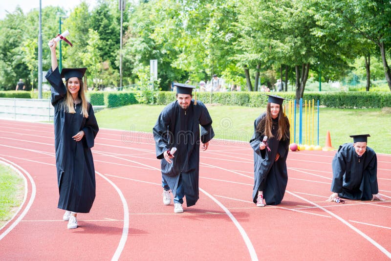 Graduation Group of Students Celebrating on Athletic Track, Prep Stock ...