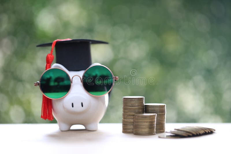 Graduation Hat on Bank with Stack of Coins Money on Nature Green ...