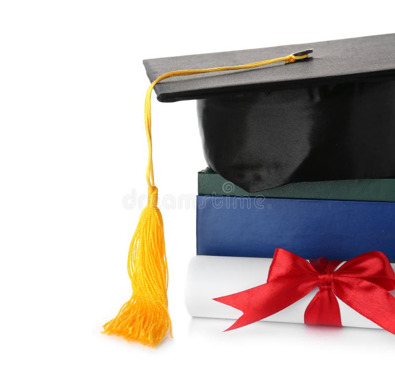 Graduation Hat with Books and Diploma Isolated Stock Image - Image of ...