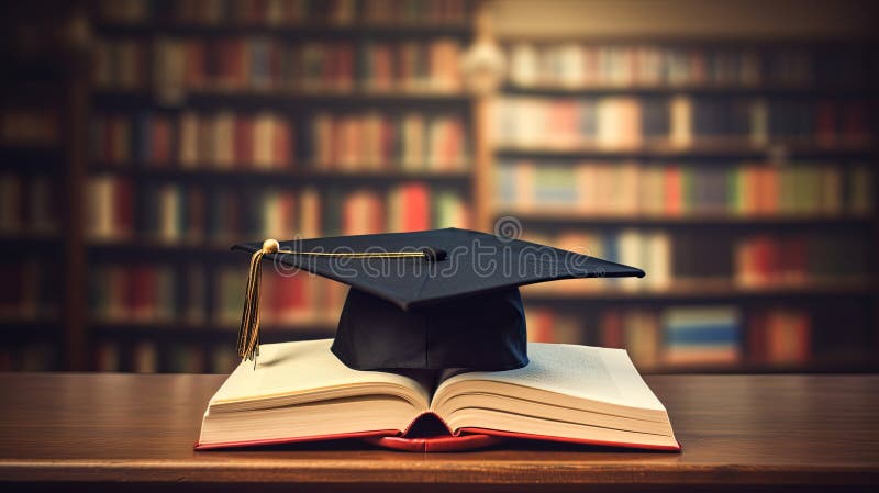 Graduation Hat, Books and Student Diploma on Table in Library Stock ...