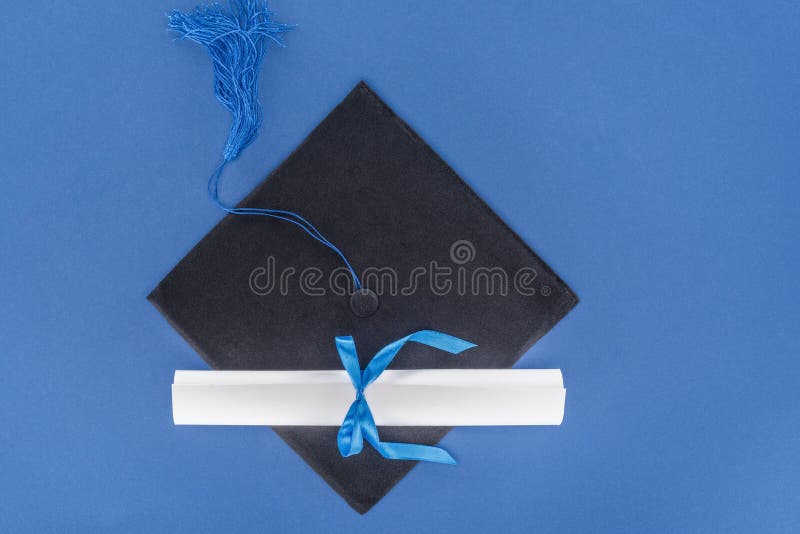 Graduation Hat and Diploma with Blue Ribbon Stock Photo - Image of ...