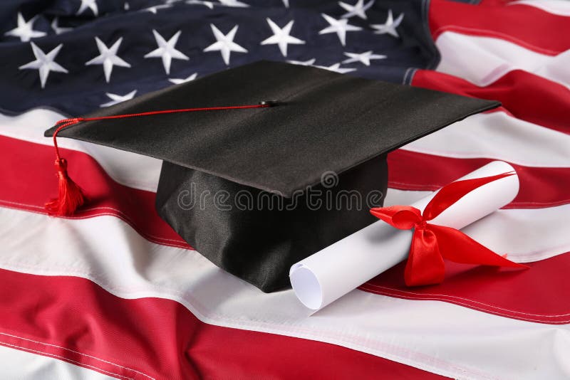 Graduation Hat and Diploma on Flag of United States Stock Photo - Image ...