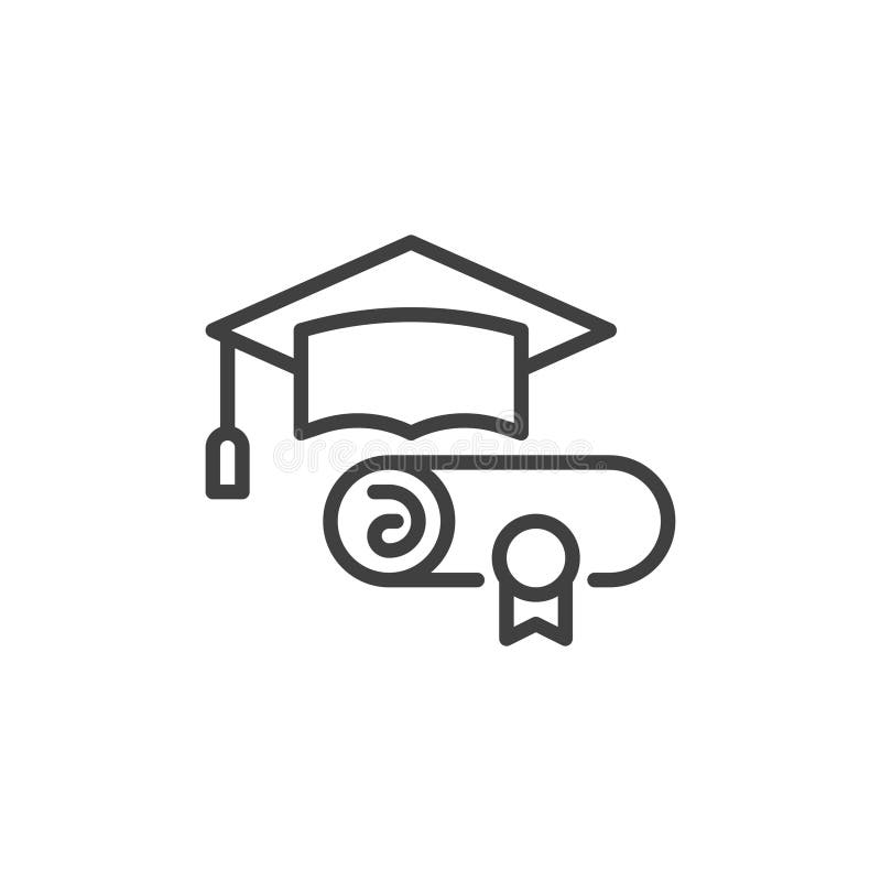 Academic Cap with a Scroll of Diploma Lies on a Stack of Books Line Art ...