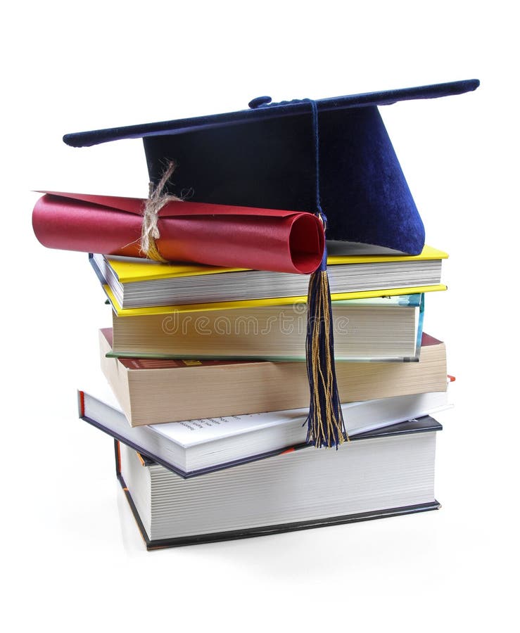 Graduation Cap and Diploma on Stack of Books Stock Image - Image of ...