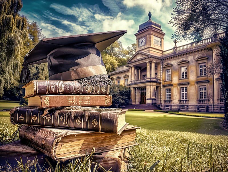 Graduation Hat and Earth Globe and Stack of Books on University ...