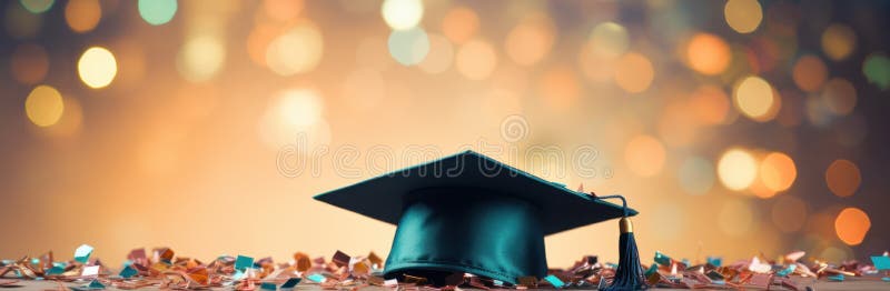 Graduation Hat Flying Near Confetti, Books and Confetti Stock Photo ...