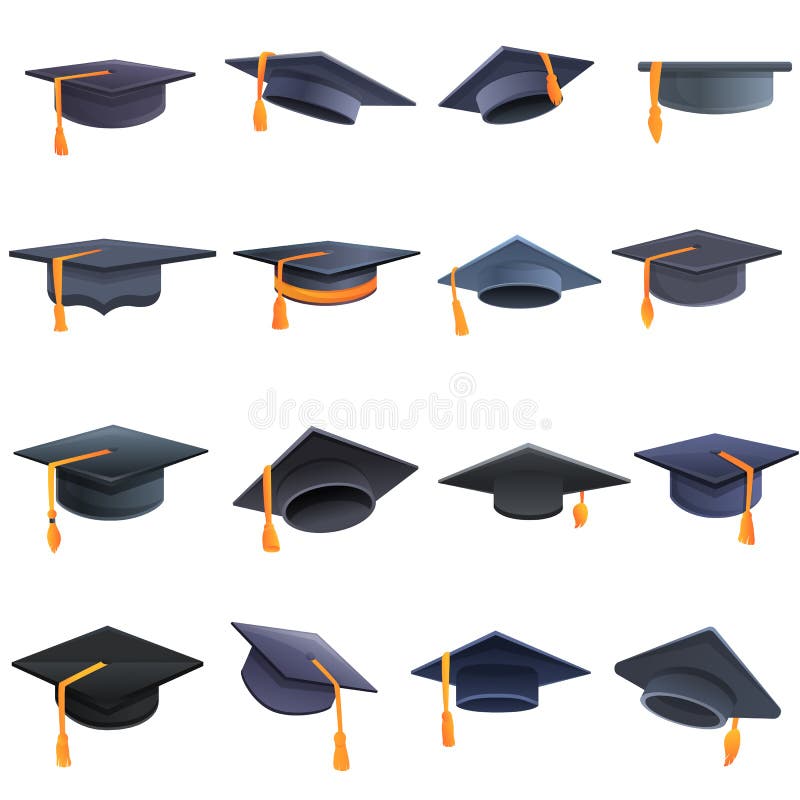 Graduation Hat Icons Set, Cartoon Style Stock Vector - Illustration of ...