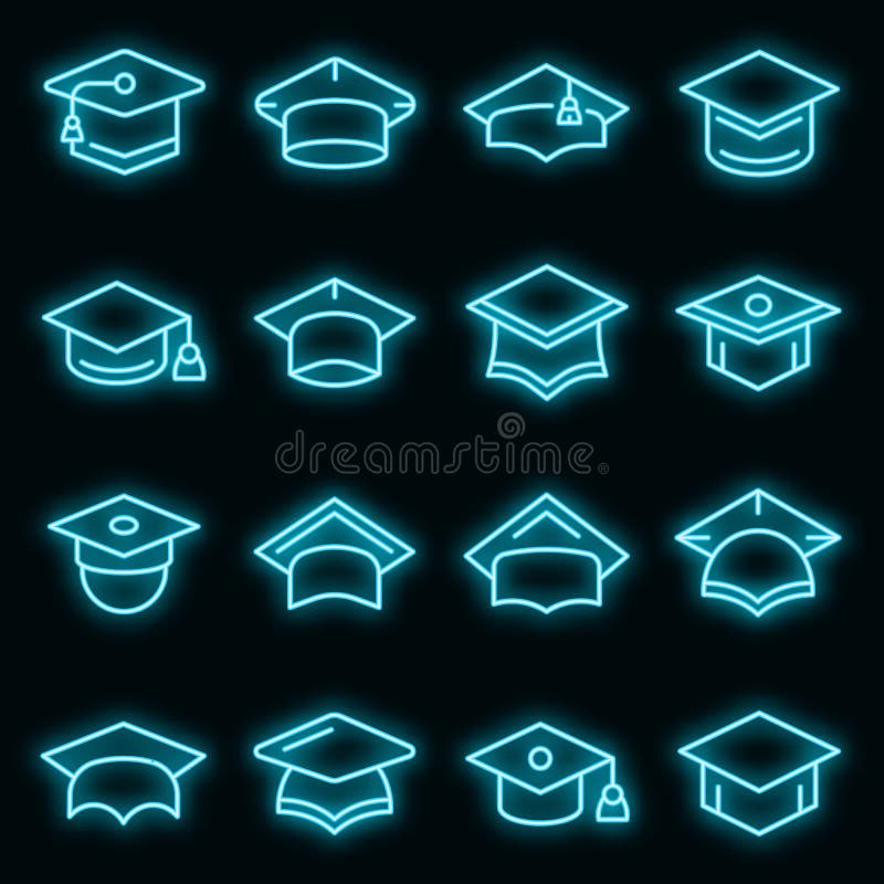 Graduation Hat Icons Set, Outline Style Stock Vector - Illustration of ...