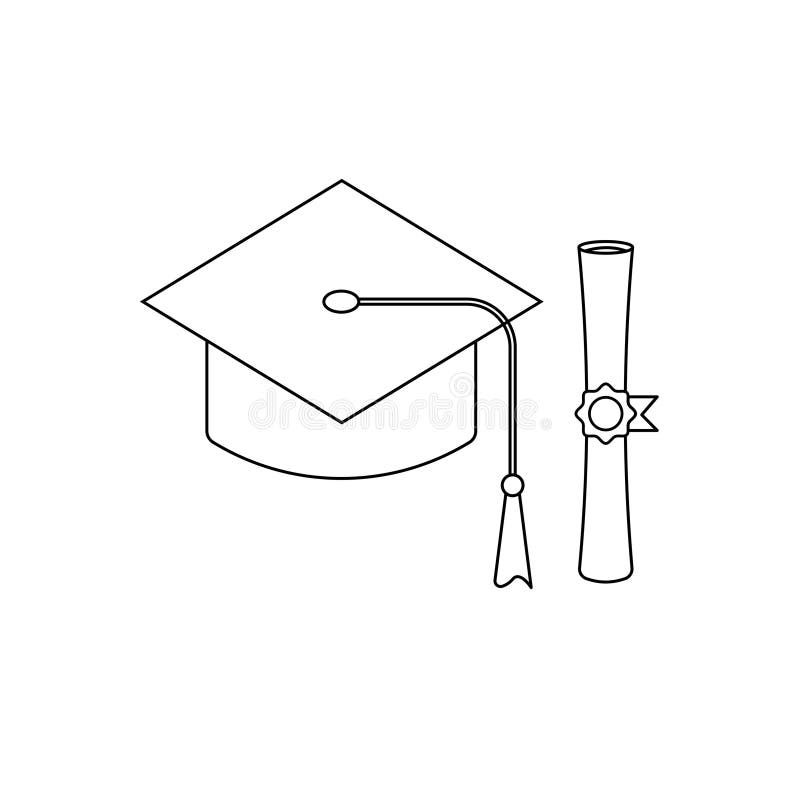 Graduation Hat and Scroll Outline Icon Illustration on White Background ...