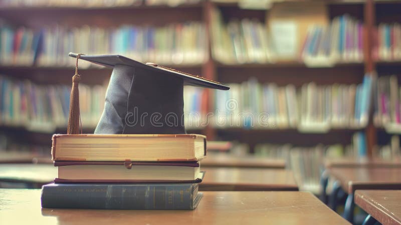 Graduation Hat on Stack of Books on the Desk in Library. Education and ...
