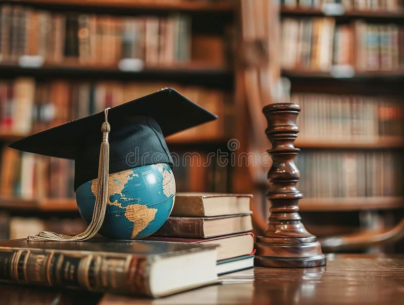 Graduation Hat and Stack of Books with Globe on Library Table on ...