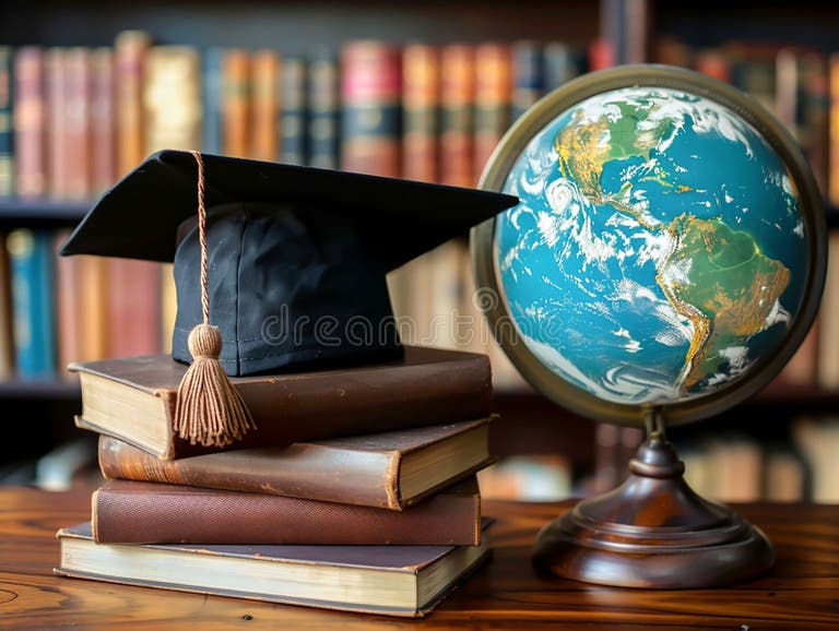 Graduation Hat and Stack of Books with Globe on Library Table on ...