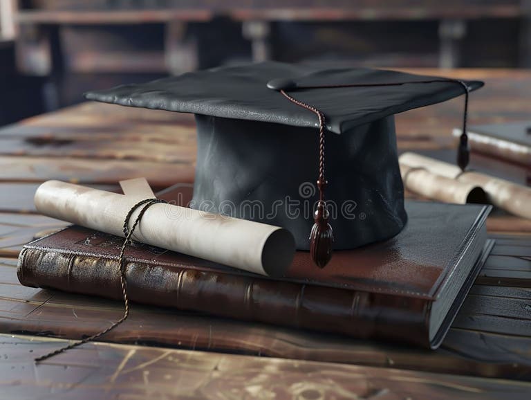 Graduation Hat and Stack of Books on Library Table on Bookcase ...