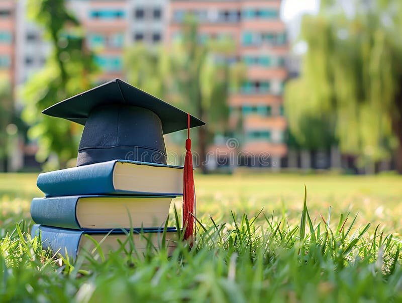 Graduation Hat and Stack of Books on University Background Stock ...