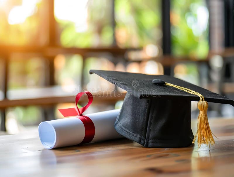 Graduation Hat and Stack of Books on University Class Table Stock ...