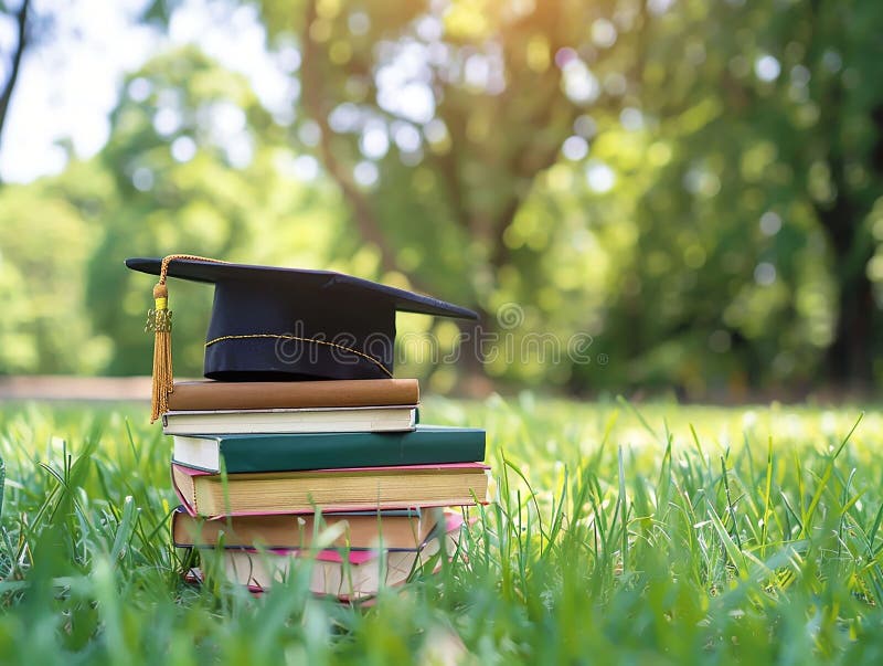 Graduation Hat and Stack of Books on University Lawn Background Stock ...
