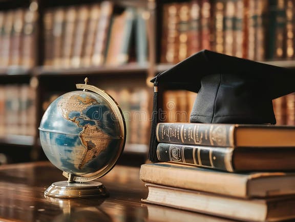 Graduation Hat and Stack of Books on University Library Table on ...