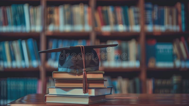 Graduation Hat and Stack of Study Books. Stock Photo - Image of library ...