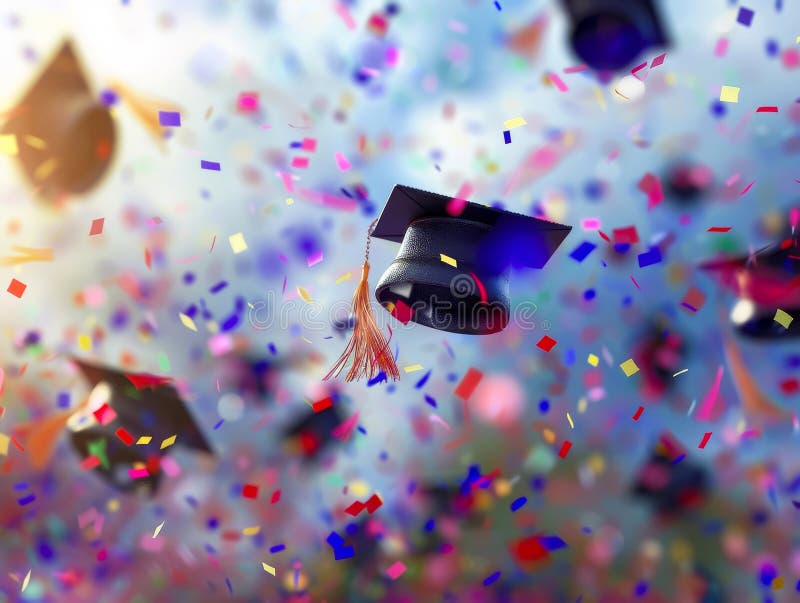 Graduation Hats Float in Air with Confetti Stock Illustration ...