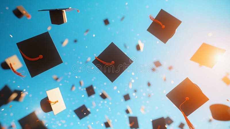 Graduation Hats Soaring into a Clear Blue Sky. Graduation Caps in the ...