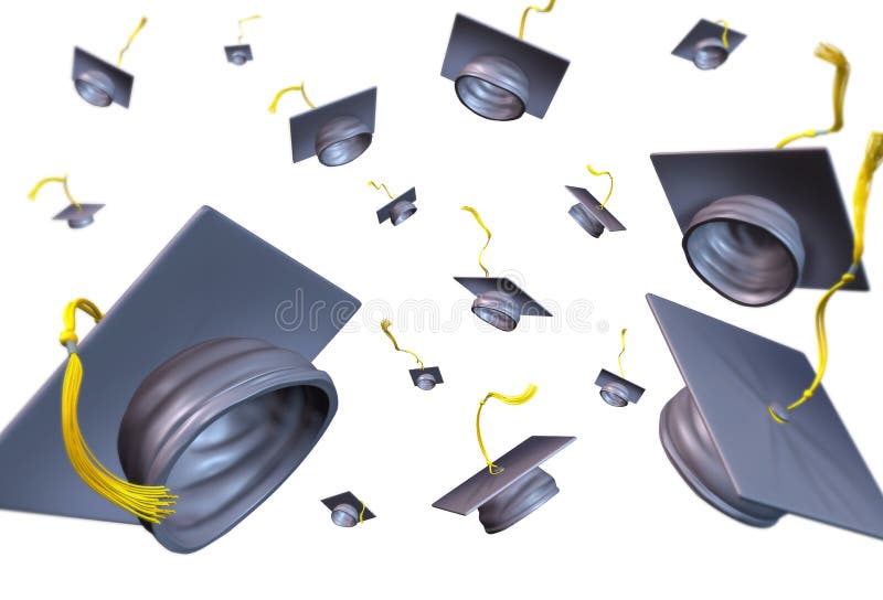 Graduation Cap Thrown Up and Golden Foil Confetti on a Blue Sky ...